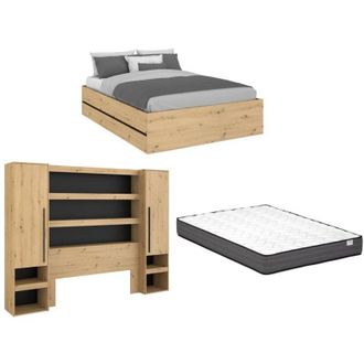 Vente-Unique Lit coffre avec pont 140 x 190 cm - Coloris : Naturel et noir + Matelas - LUDARO
