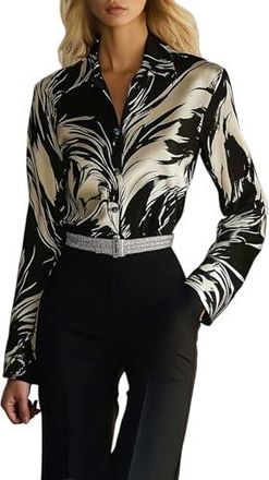 Generic Chemisier en satin pour femme - Chemise à manches longues à motif floral pour femme - Chemise légère boutonnée - Doux et décontracté - Imprimé rétro -