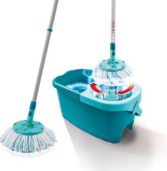 Leifheit Set CLEAN Twist Disc Mop Ergo 2.0, Bodenwischer mit Mikrofaser Bezug für nebelfeuchte Reinigung auf Fliesen und Laminat, Wischmopp mit Click-System un