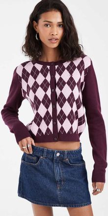 Tommy Jeans Strickjacke mit Flaggenlogo in Burgunderrot mit Argyle-Muster