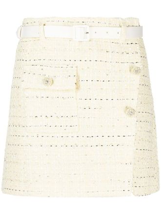 Self Portrait minijupe en tweed à taille ceinturée - Jaune