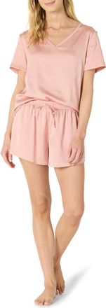 Amazon Essentials Damen Nachtwäsche-Set aus Satin-T-Shirt Mit V-Ausschnitt und Shorts, Staubrosé, XL