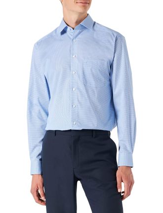 Marvelis Herren Businesshemd Non-Iron Comfort Fit, Langarm, Kent-Kragen, Mini Vichy, 100% Baumwolle, bleu 11, 45