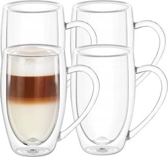 Wilmax England Wilmax | Doppelwandige Thermogläser mit Henkel | 4er-Set | 500 ml | Latte Macchiato Gläser Set | Cappuccino Gläser mit Henkel | Kaffeegläser | Teegläs