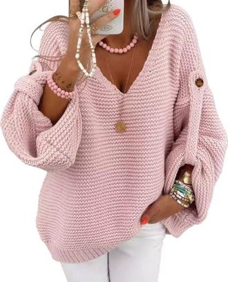 Onsoyours Pull Femme Hiver Col en V Bureau Tricot Pullover &Eacute;l&eacute;gant L&acirc;che Bouton &Agrave; Manches Longues Shirt Chandails Sweater &Eacute;pais Hauts D&eacute;contract&eacute;e Chaud Tops A 