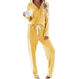 Generic Ensemble de pyjama 2 pi&egrave;ces &agrave; manches longues boutonn&eacute;es pour femme, col crant&eacute;, v&ecirc;tements de nuit, v&ecirc;tements de nuit doux, jaune, 3XL