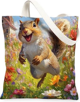 Generic Sac fourre-tout en toile motif &eacute;cureuil printanier pour faire du shopping, 33 x 38,1 cm, sac d&eacute;picerie r&eacute;utilisable pour femme, motif floral, ferme, p