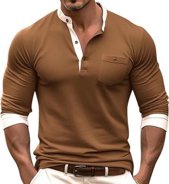 Generic T-shirt pour homme 4 saisons - Style d&eacute;contract&eacute; - Design contrast&eacute; uni - Bouton &agrave; revers &agrave; manches longues, caf&eacute;, 3XL