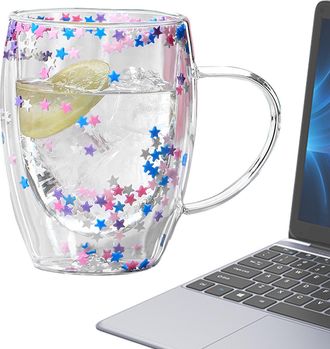 Generic Kaffeetassen aus - Doppelschichtiges, isolierte Getr&auml;nkebecher | 350 ml doppelwandiger Becher mit, &auml;sthetische Sterne, Ornamente, hitzebest&auml;ndige Bech