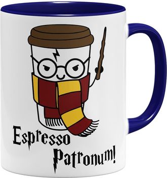 OM3 Espresso Patronum Kaffee-Tasse mit Zauberspruch | Keramik Becher | 11oz 325ml | Beidseitig Bedruckt | Dunkelblau