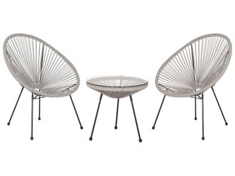 Beliani Trendy Balkonset 2 St&uuml;hle mit Tisch Spaghetti-Optik Rattan hellgrau Acapulco II