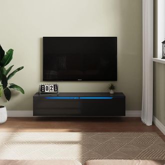 Sonni Sonni - 1400mm TV-Lowboard 2 T&uuml;ren Moderner hochgl&auml;nzender h&auml;ngender TV-Schrank mit Umgebungslicht f&uuml;r Wohnzimmer-Schlafzimmer-M&ouml;bel, Schwarz