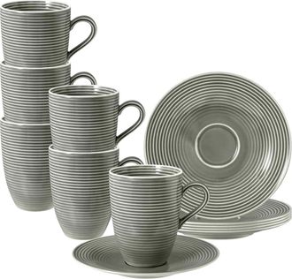 SELTMANN WEIDEN Beat Color Glaze Kaffee-Set 12-teilig - Modernes Porzellan mit Rillenrelief in Trendfarben, 6 Henkelbecher & Untertassen, Spülmaschinen- & Mikrowellen