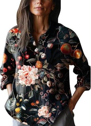 Generico Chemise Femme D&eacute;contract&eacute;e &agrave; Manches Longues T Shirt en Lin Coton Curvy Grande Taille Chemisier Col en V L&eacute;ger Chemises Vintage Fantaisie avec Boutons