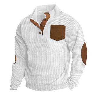 Generic Pull Henley pour hommes - Sweat-shirt à manches longues - Col montant thermique à boutons pour un style vintage et décontracté, Blanc., 3XL