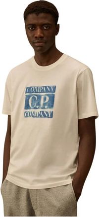 C.P. Company C.p. Company, Homme, Tops, Blanc, Taille: L T-Shirt &agrave; Manches Courtes 30/1 Jersey Logo D&eacute;lav&eacute;