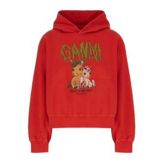 Ganni Femme, Sweatshirts et sweats &agrave; capuche, Rouge, Taille: 36 FR Graphic Cropped Sweat &agrave; capuche