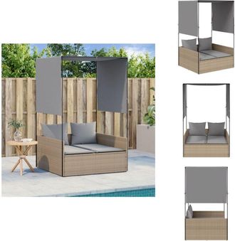 vidaXL Doppel-Sonnenliege mit Dach und Vorh&auml;ngen Beige Poly Rattan - Doppel-Sonnenliege - Gartenliege - Lounge M&ouml;bel - Outdoor M&ouml;bel - Sonnenschirm