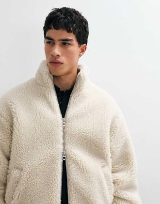 Weekday Oversize-Fleece mit Stehkragen, Teddystruktur und Rei&szlig;verschluss in Beige-Braun