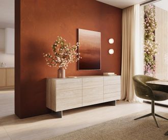 DELIFE Sideboard Cuor 180 cm Keramik Laminam Travertino Bianco Creme-Wei&szlig; 2 T&uuml;ren 3 Schubf&auml;cher Fu&szlig; Schwebeoptik Edelstahl, Sideboards