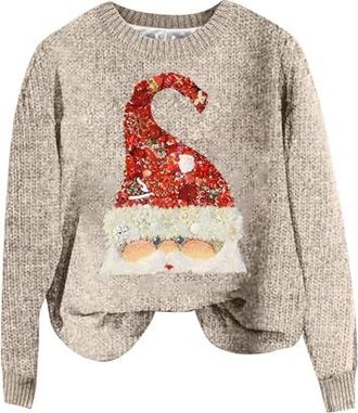 Generico Sweat femme Père Noël léger 2024 Sweat de Noël femme taille forte Tops de Noël laid sweatshirt de Noël col rond pull de Noël femme curvy renne pull de