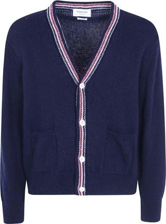 Thom Browne Homme, Pulls, Bleu, Taille: L Cardigan Hector Patchwork Donegal Intarsia