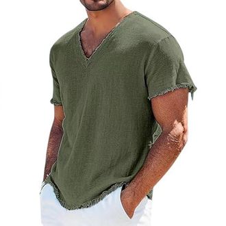Generic T-shirts pour hommes col en V blanc, chemise en lin &agrave; manches courtes pour homme T-shirt &agrave; manches longues Hem ray&eacute;, chemise en lin pour les loisirs, 