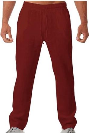 Generic Pantalon chino d&eacute;t&eacute; en coton et lin pour homme - Taille &eacute;lastique - Pantalon chino fusel&eacute; en serg&eacute; de coton avec poches - Pantalon respirant, Rouge, X