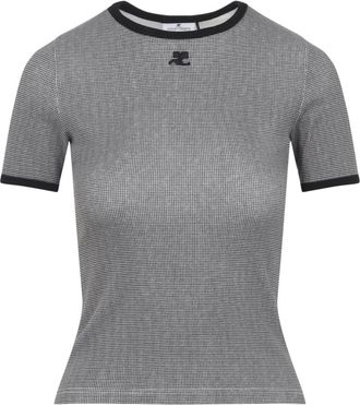 Courr&egrave;ges Femme, Tops, Noir, Taille: 38 FR Houndstooth Contrast T-Shirt