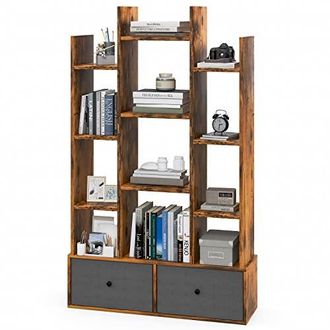 Costway GOPLUS Biblioth&egrave;que avec 2 Tiroirs Amovibles et 12 &Eacute;tag&egrave;res de Rangement, Dispositif Anti-Bascule, Design en Forme dArbre, pour Salon, Chambre, &Eacute;tude,