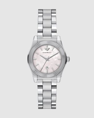 Emporio Armani Silberfarbene Armbanduhr aus Edelstahl mit drei Zeigern und Datumsanzeige