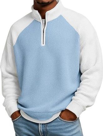 Generic Pull &agrave; fermeture &eacute;clair 1/4 pour homme - En coton - D&eacute;contract&eacute; - Col montant - Pull de travail r&eacute;tro &agrave; manches longues - Sans capuche - Grandes taill