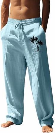 Generic Pantalon en lin pour homme, coupe ample, d&eacute;contract&eacute;, imprim&eacute; cocotier, pantalon de plage, jambe droite, vacances, pantalon de jogging &agrave; ourlet ouvert