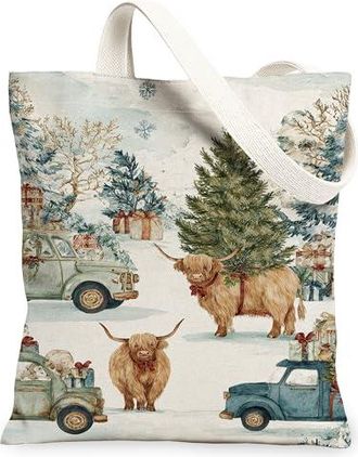 Generic Sacs fourre-tout en toile de vache des Highlands de No&euml;l, motif animal rustique, sacs r&eacute;utilisables, en lin vintage dhiver, l&eacute;ger, lavable, beige, 13x
