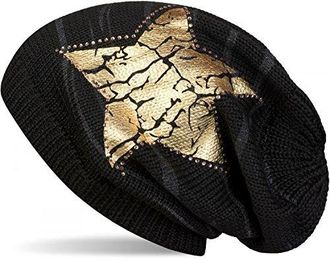 styleBREAKER Bonnet Beanie tricoté avec Un imprimé Vintage en Forme détoile et Le Bord en Strass, Bonnet tricoté avec Un Motif rayé, Unisexe 04024083, Couleur:Noir