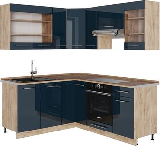 Vicco Eckküche Fame-Line, Dunkelblau Hochglanz/Goldkraft Eiche, 160 x 60 cm ohne Arbeitsplatte