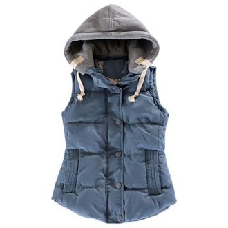 Generic Gilet dhiver pour femme - Veste matelass&eacute;e sans manches - Capuche amovible - Veste dext&eacute;rieur avec poches, gris/bleu, XXL