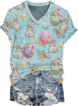 Generic T-shirt &agrave; manches courtes imprim&eacute; lapin de P&acirc;ques pour femme - T-shirt graphique de P&acirc;ques - Happy Easter Holiday - Haut de P&acirc;ques, bleu, M