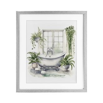 Stupell Industries Lush Greenery Badewanne & Fenster, weißer gerahmter Druck unter Glas, Design von Lettered and Lined, 53,3 x 43,2 cm
