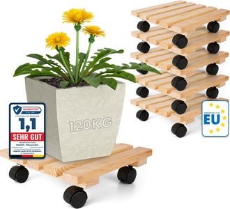 Oramics 6 Stück Pflanzenroller Eckig aus Massivholz - 30 x 30 x 8 cm bis 120 KG belastbar - Rollbrett für Pflanzen, Blumentöpfe und Blumenkübel - Blumentopf U