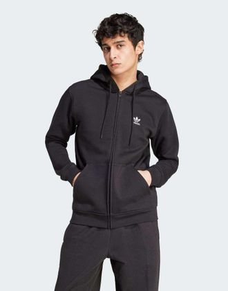 adidas Originals Trefoil Essentials - Kapuzenjacke in Schwarz mit durchgehendem Reißverschluss