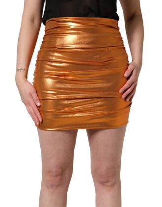 Dolce & Gabbana Womens Metallic Orange Ruched Lame Bodycon Mini Skirt Polyester Elastane