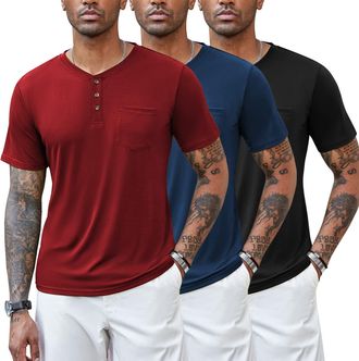 Coofandy Henley T-Shirt Herren 3er Pack Einfarbig Shirt Kurzarm Shirts mit Knöpfe Männer Oberteile Tee Schwarz/Blau/Weinrot XL