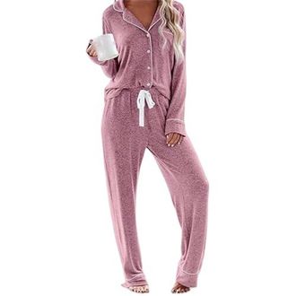 Generic Ensemble de pyjama 2 pi&egrave;ces pour femme, manches longues, boutons vers le bas, pyjama &agrave; manches longues, ensembles de v&ecirc;tements dint&eacute;rieur, rose, 3XL
