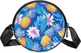 Generic Petit sac &agrave; bandouli&egrave;re rond pour femme, motif ananas color&eacute;, sac &agrave; dos avec fermeture &eacute;clair, bretelles r&eacute;glables, sac &agrave; main rond d&eacute;contract&eacute; pour f