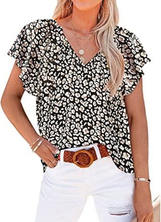 TOMWELL Chemisier Femme Col V Floral Imprimé Blouse Élégant Haut Manches Courtes Tunique Ample Fluide Mousseline de Soie Vintage T-Shirt Femme Tops Décontract