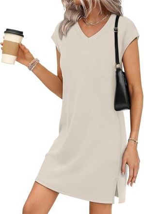 Generic Robe d&eacute;t&eacute; d&eacute;contract&eacute;e pour femme avec col en V et manches courtes &agrave; volants, poches infroissables, pour la plage, les vacances, le travail, beige, L