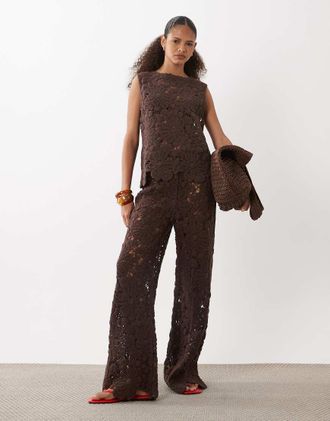 Asos Pantalon densemble en maille crochet&eacute;e - Chocolat-Marron
