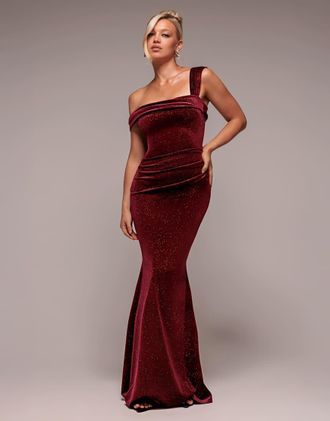 Goddiva Robe longue asymétrique en velours à pois pailletés - Bordeaux-Rouge