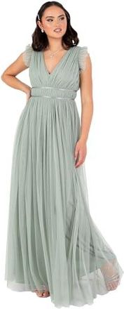 Anaya with Love Womens Maxi Dress Ladies Cap Sleeve V-Neck Satin Detail Tulle A-Line Bridesmaid Wedding Guest Occasion Prom Ball Gown, Frosty Green, 46